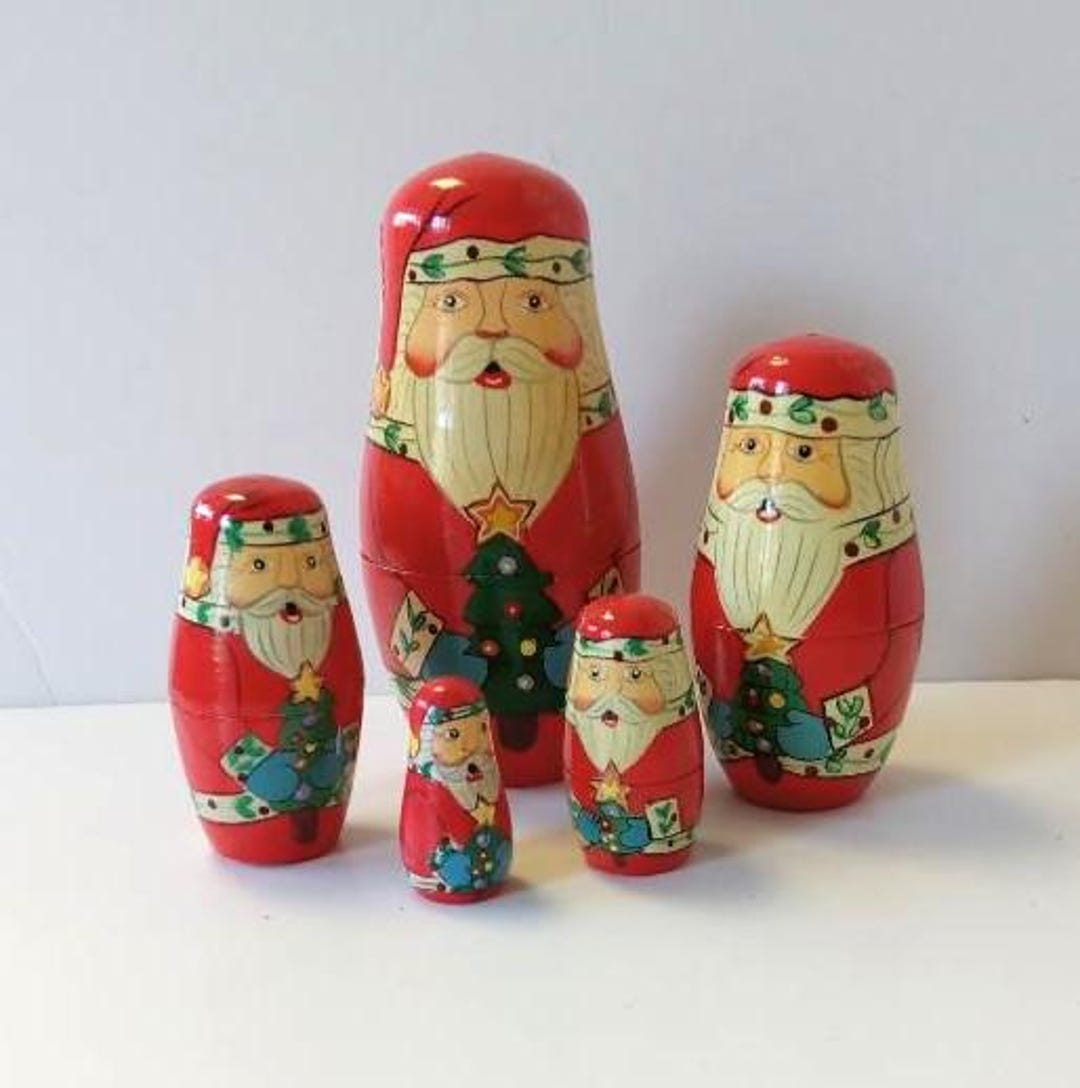 Vintage Set of Santa Nesting Dolls, 5 Wood Santa Figures, 5 1/2 Tall ...