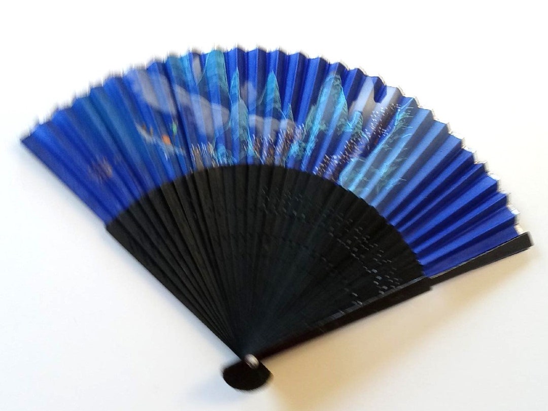 Vintage Blue and Black Paper Hand Fan, 13" X 8", Collectible Accessory ...