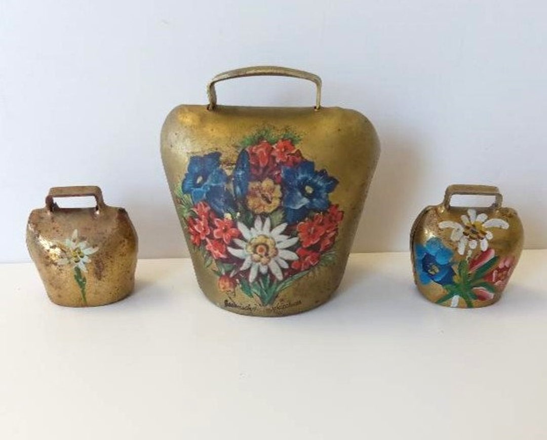 3 Vintage Swiss Cow Bells, 3 Tallest, Hand Painted Flowers, Edelweiss ...