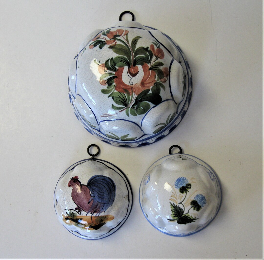 3 Vintage Ceramic Molds, Gelatin Wall Molds, Hand Painted Kitchen Wall ...