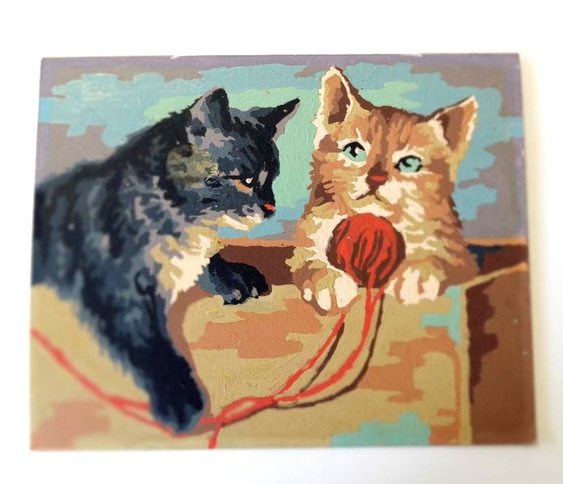 2 Vintage Kitten Paint by Number Unframed Paintings, MCM Cat Art, 8" X ...