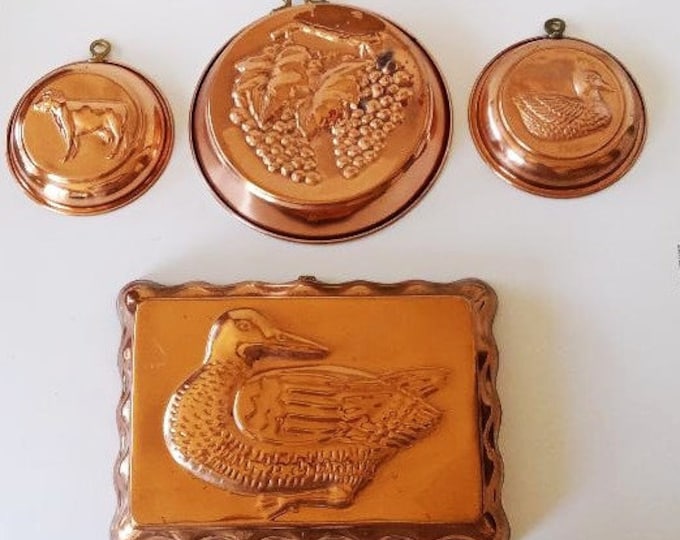 4 Vintage Copper Molds, 11 1/2" X 8 1/4" Largest, Fruit, Ducks, Cow ...