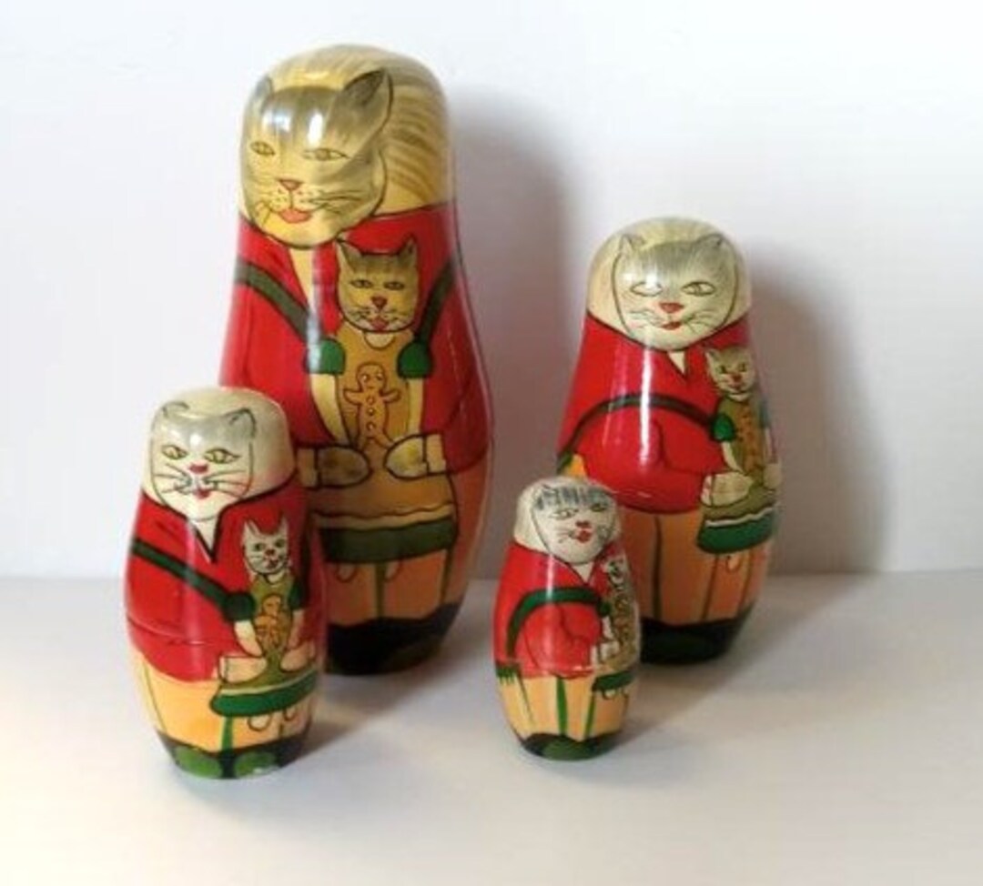 Vintage Cat Nesting Dolls, Toys, 5 Wood Cats, Holiday Kitty Family ...