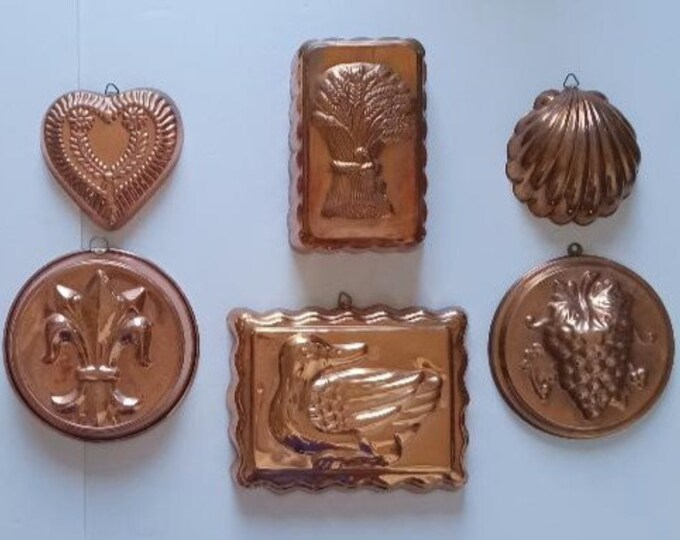 6 Copper Molds, 8 1/2" X 6 1/4" Largest, Heart, Duck, Sea Shell, Fleur ...
