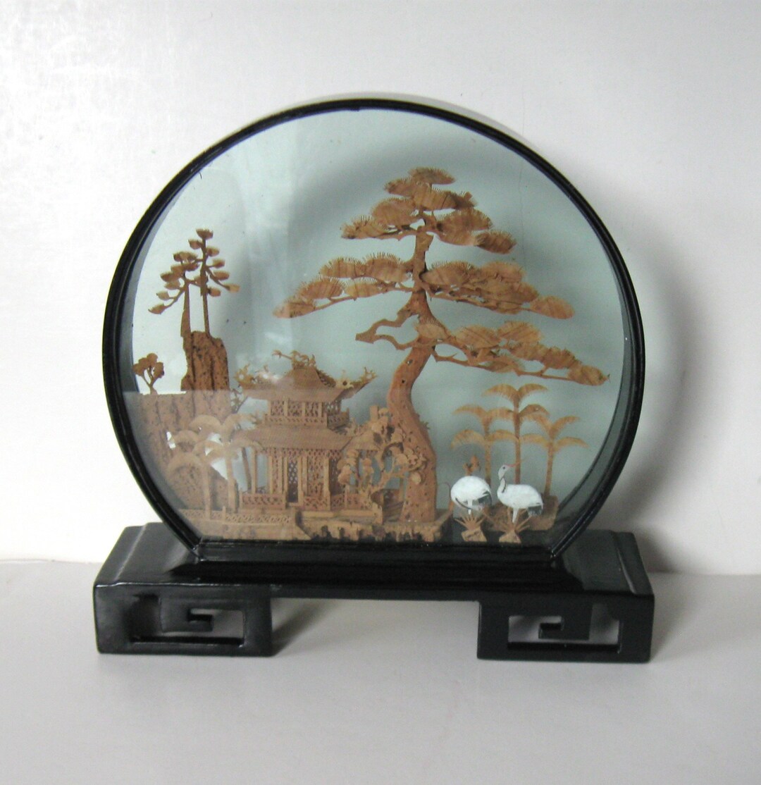 Vintage Asian Cork Carved Art Diorama, Black Lacquer Framed 3D Art, 9 X ...