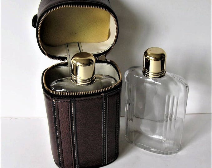 Vintage Flasks in Vinyl Travel Case, 2 Glass Decanters, Liquor Bottles ...