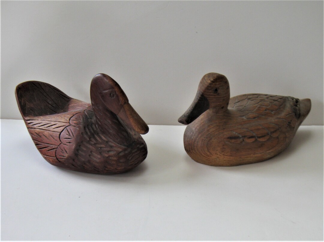 2 Vintage Solid Wood Hand Carved Duck Decoys, 10