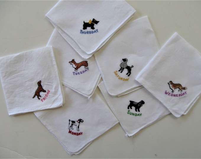 Lot of 7 Vintage Dog Handkerchiefs, Days of the Week Hankies, White ...