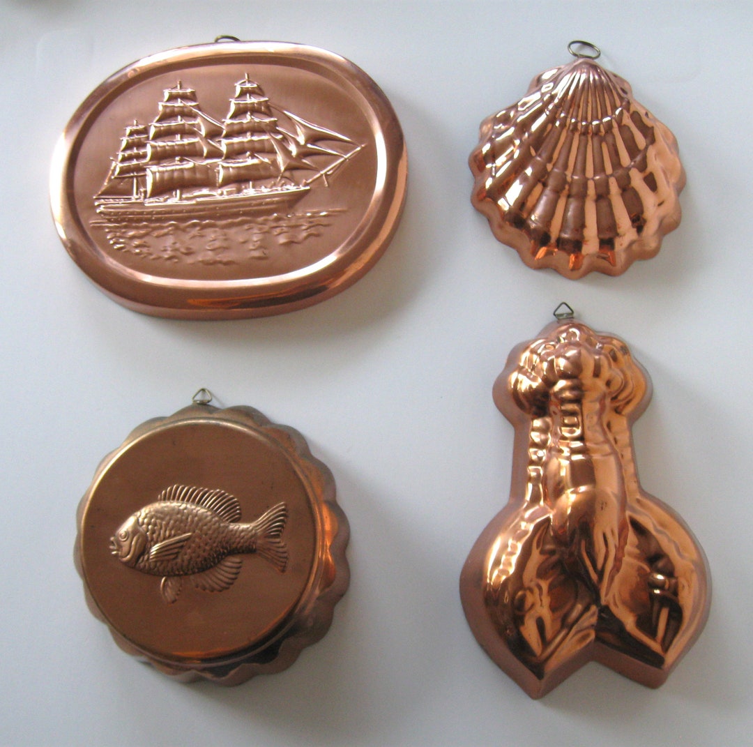 4 Nautical Vintage Copper Molds, 10" X 8 Largest, Fish, Lobster ...