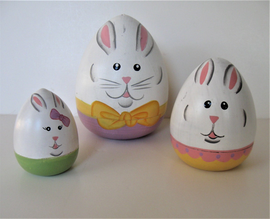 Vintage Bunny Nesting Dolls, 3 Wood Rabbits, Vintage Toy, Bunny ...