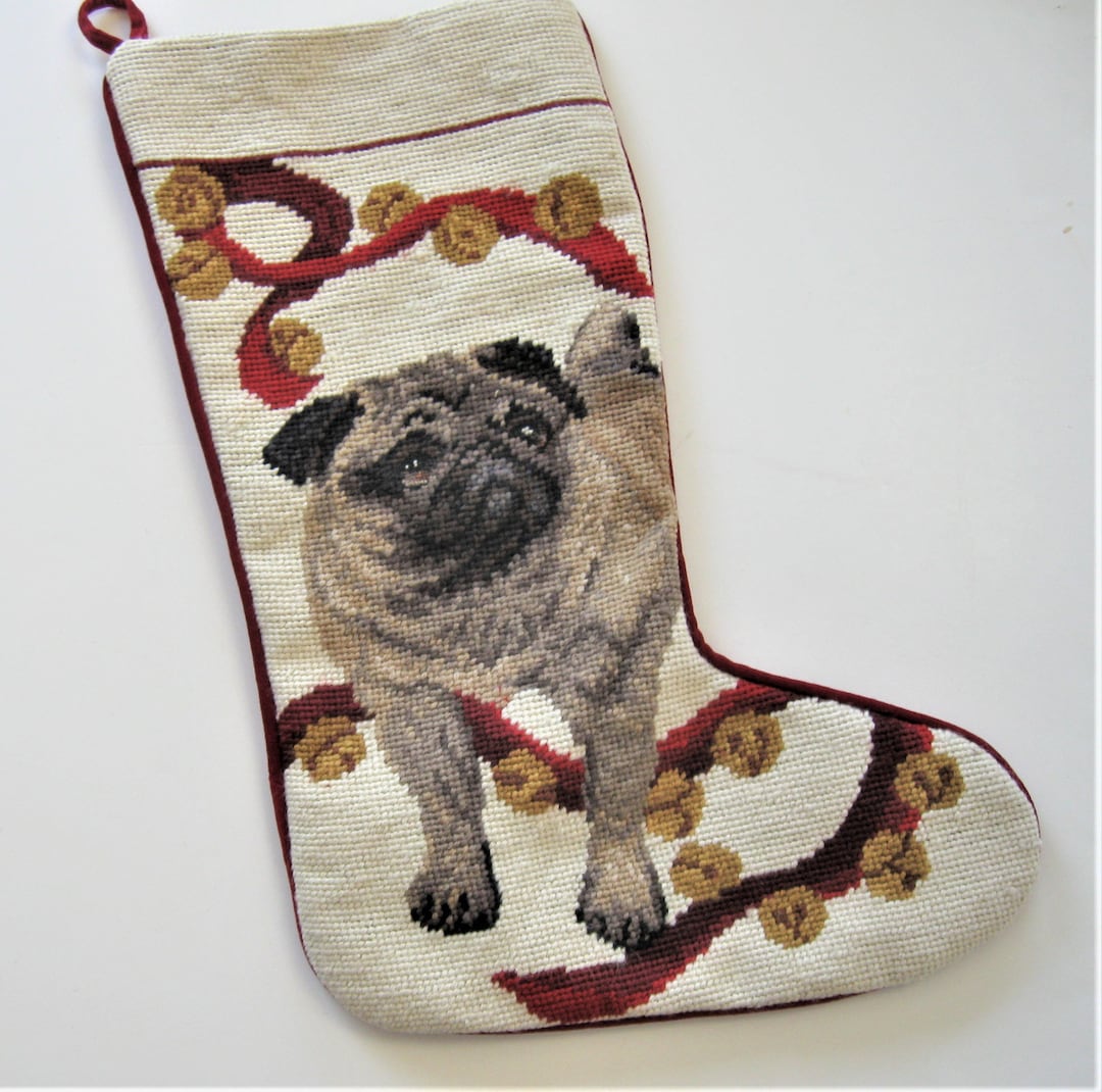 Vintage Needlepoint Pug Dog Stocking, Christmas Fireplace Decor ...