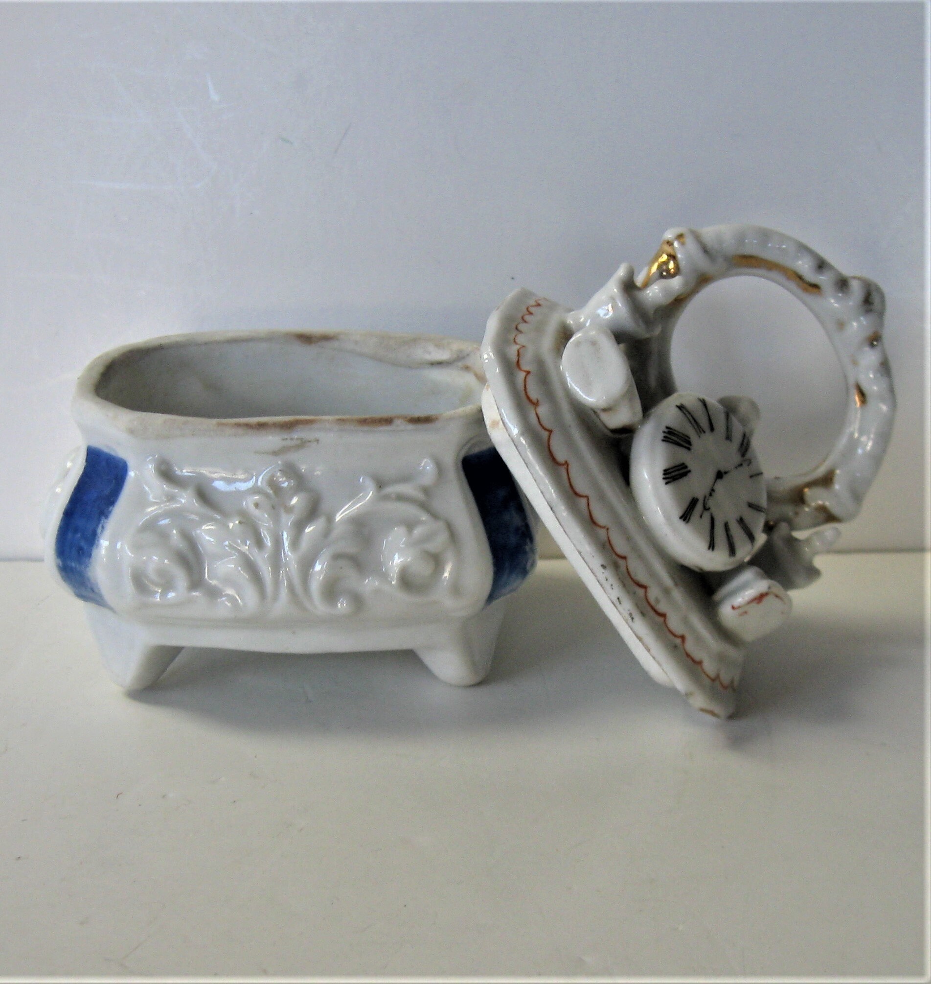 Vintage ceramic lidded trinket box glass clock 4 x 3 1/2 jewelry ...