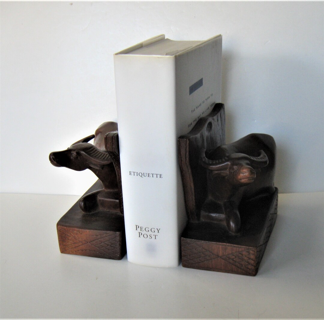 Pair of Solid Carved Wood Water Buffalo Book Ends, 6 1/4 X 6, Buffalo ...