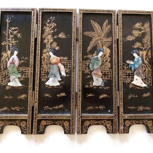 Antique Folding Black Lacquered Asian Table Screen, 4 Carved Stone 3D ...