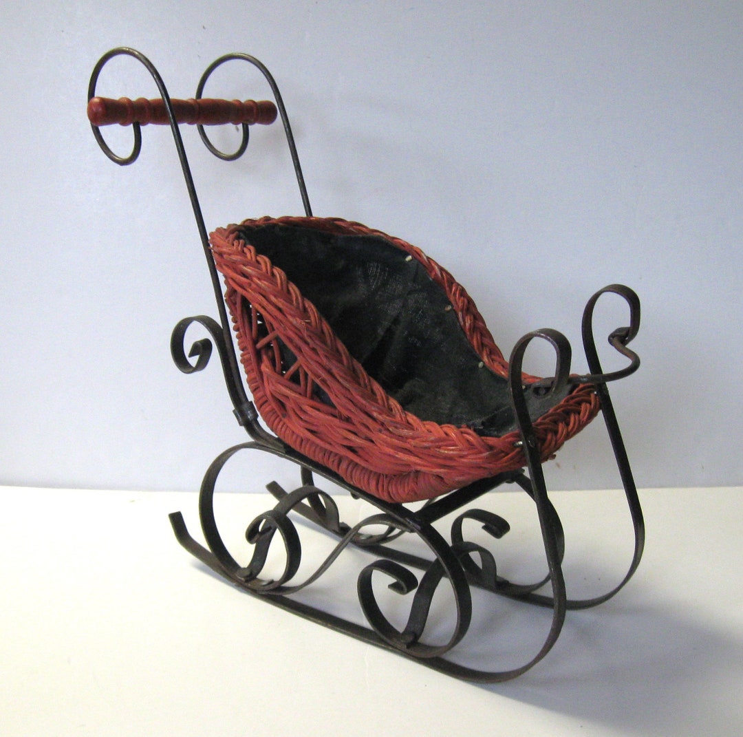 Vintage Red Wicker and Black Metal Santa Sled, Wicker Doll Sleigh ...