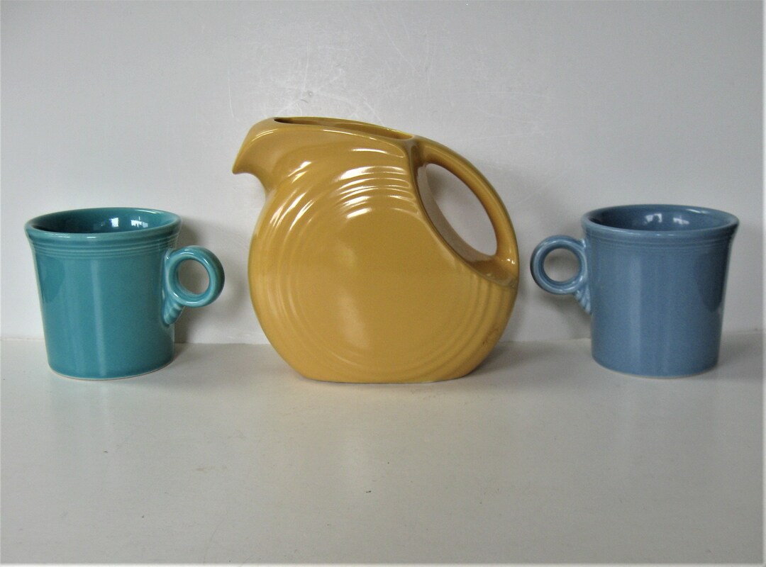 Vintage Fiesta Ware Small Pitcher With 2 Cups, Yellow Pitcher, 2 Blue ...