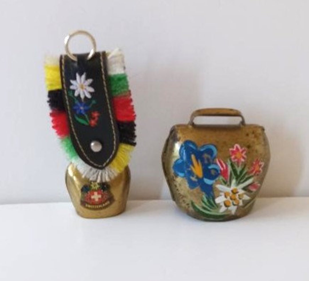 2 Vintage Swiss Cow Bells, Painted Flowers, 4" and 2 1/4", Fringed ...