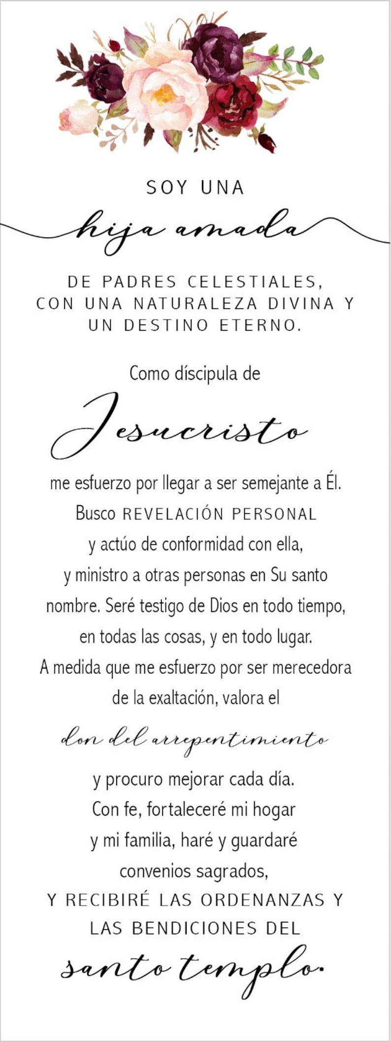 YW Printable Bookmarks Floral - New Spanish LDS Young Women's Theme ...