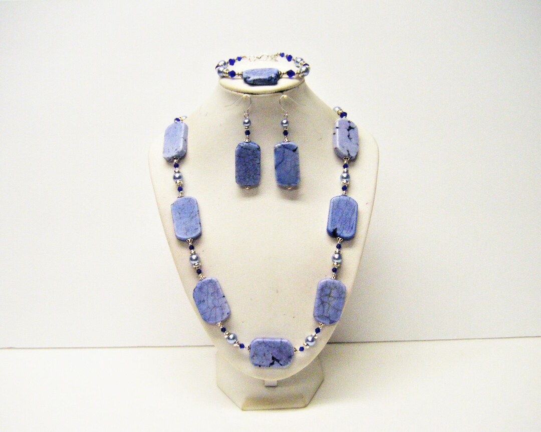 Uniquely Shaped Cobalt Blue Stone Bead Necklace/bracelet/earrings Set ...