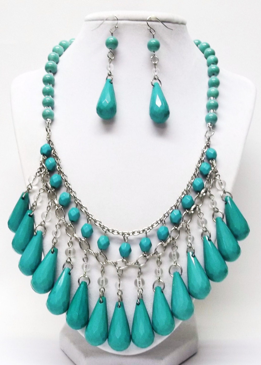 Mint Green Tear Drop Acrylic Beads W/chain Necklace/earrings Set - Etsy