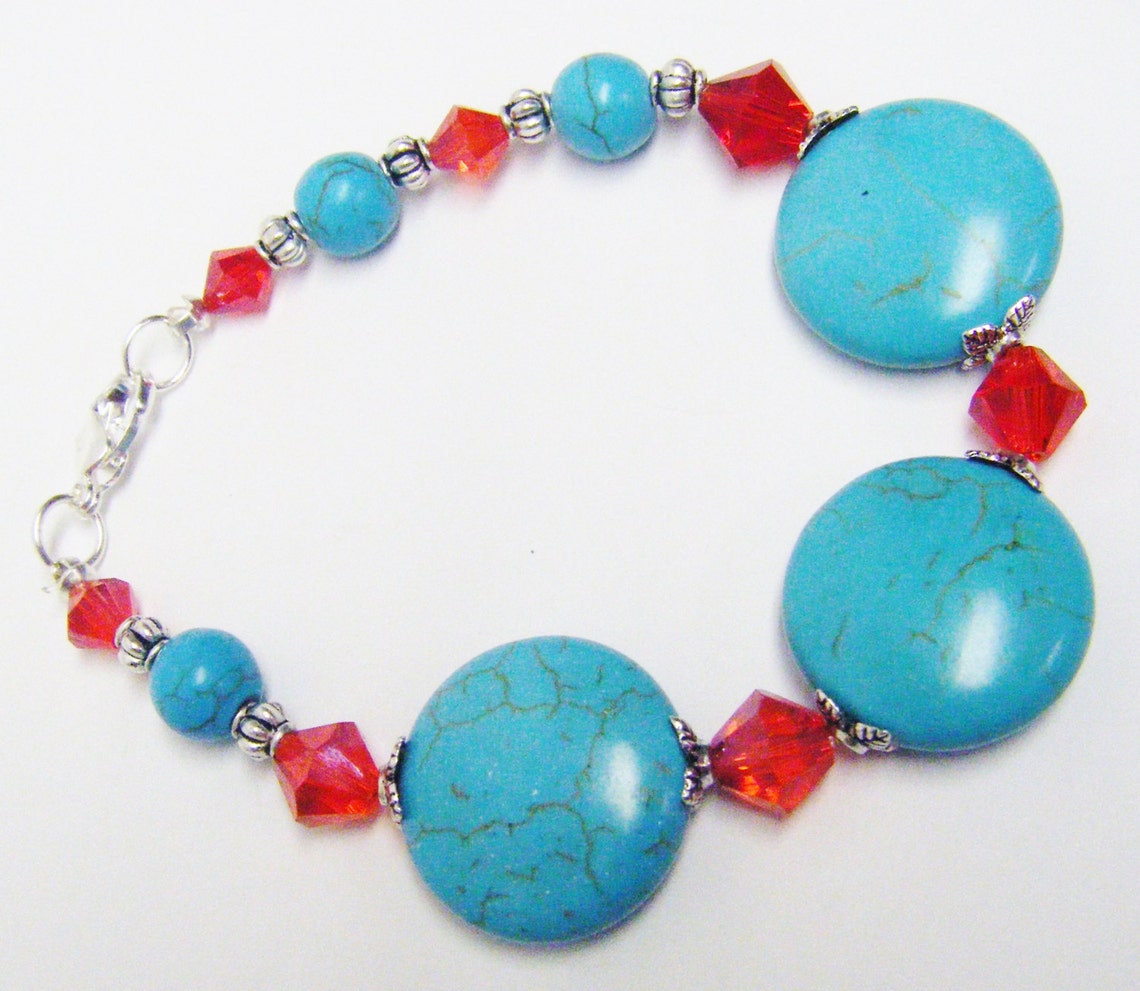 Turquoise Howlite Flat Round Discs W/red Crystal Bicone Bead - Etsy