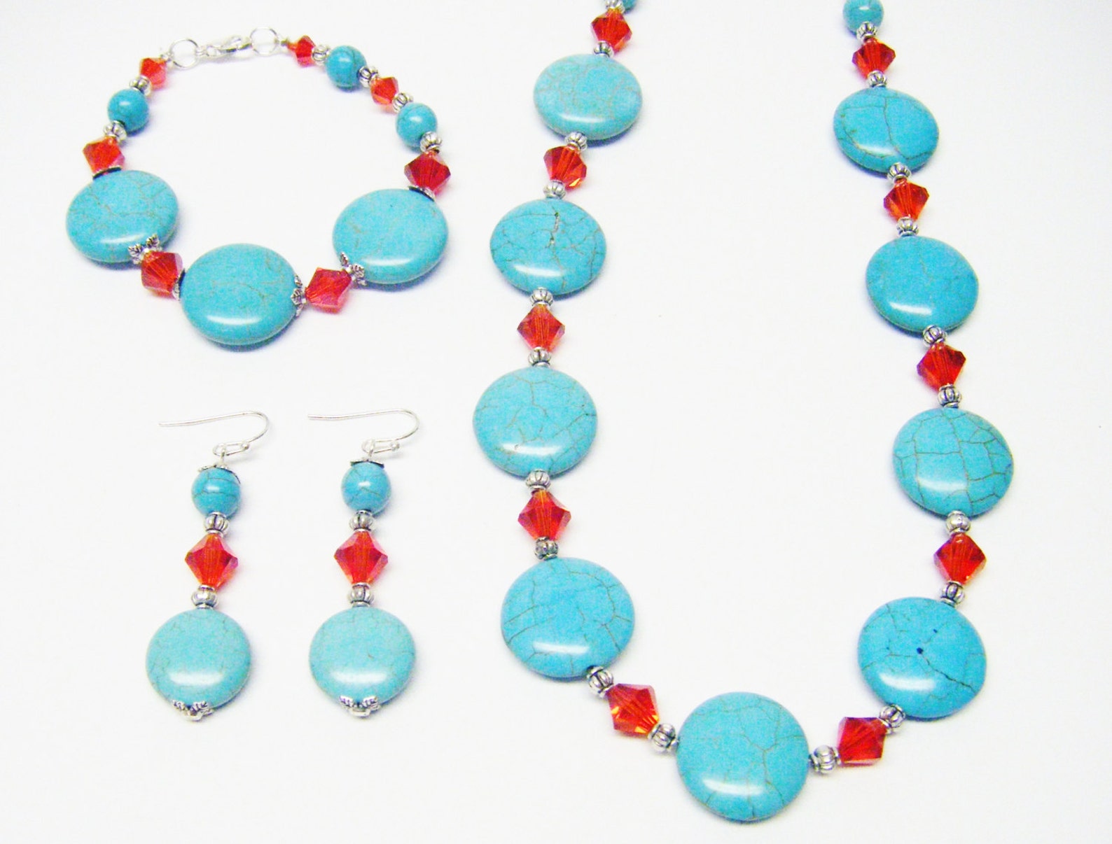 Turquoise Howlite Flat Round Discs W/red Crystal Bicone Bead - Etsy