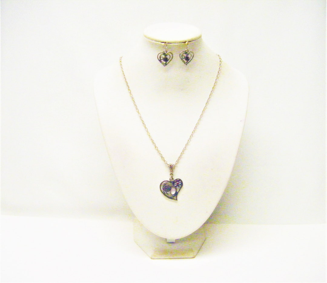 Silver Plated Heart W/red Rhinestone Pendant & Earrings - Etsy UK
