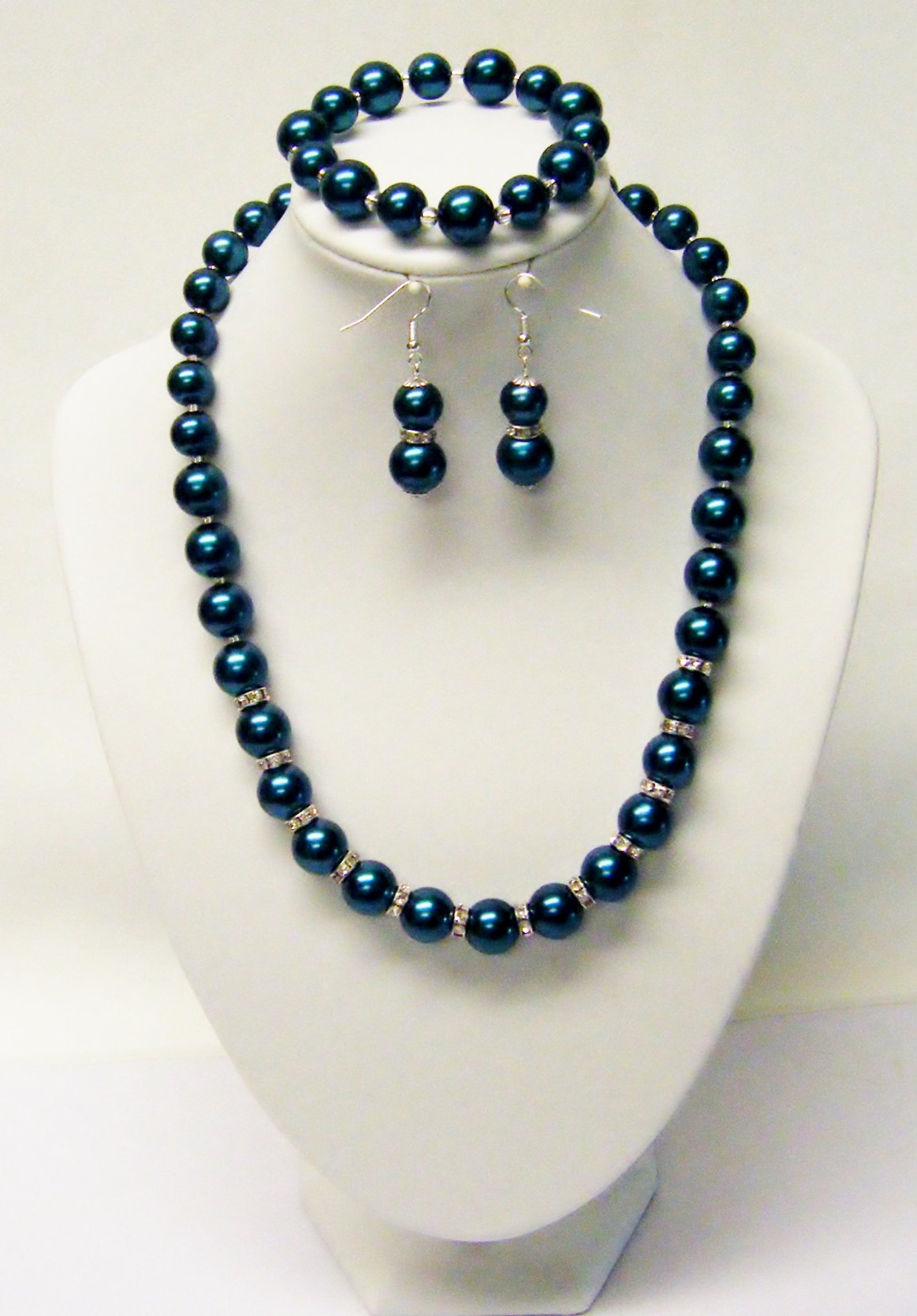 Dark Blue Teal Glass Pearl W/crystal Rondelle - Etsy