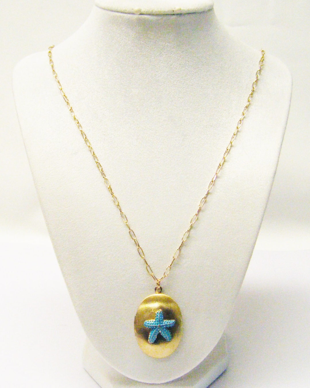 Gold Plated Oval Locket W/blue Star Fish Pendant Necklace - Etsy