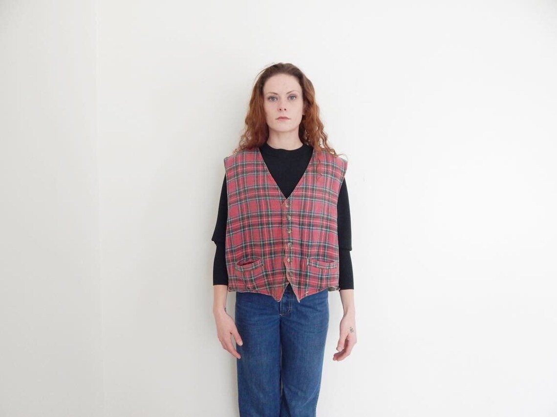 Vintage Red Plaid Vest Mens Hunting Vest Hipster Vest Quilted Outdoors ...