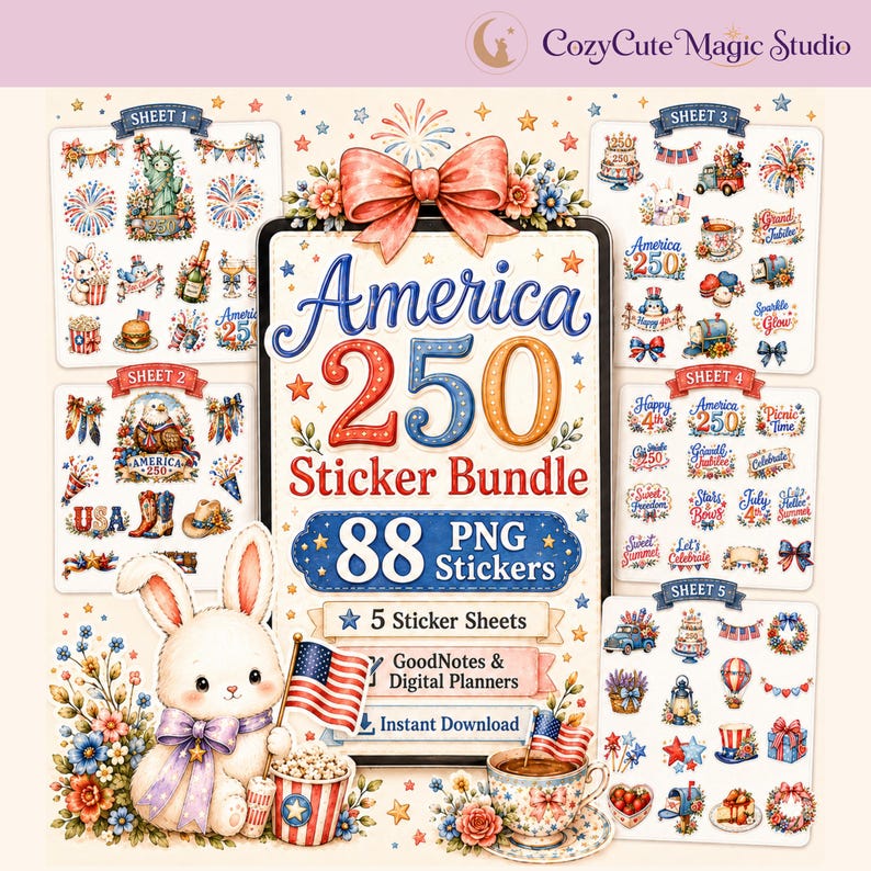 America 250 Digital Stickers Bundle, Cute 4th of July Goodnotes Planner ...