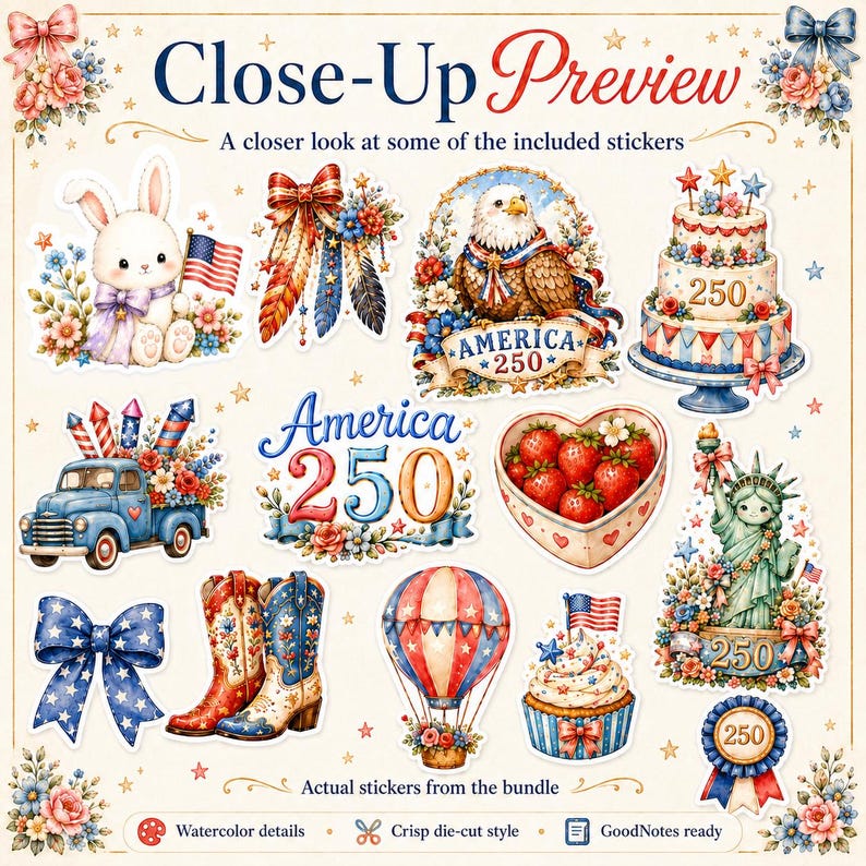 America 250 Digital Stickers Bundle, Cute 4th of July Goodnotes Planner ...