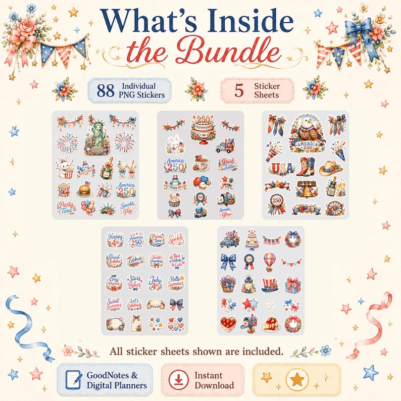 America 250 Digital Stickers Bundle, Cute 4th of July Goodnotes Planner ...
