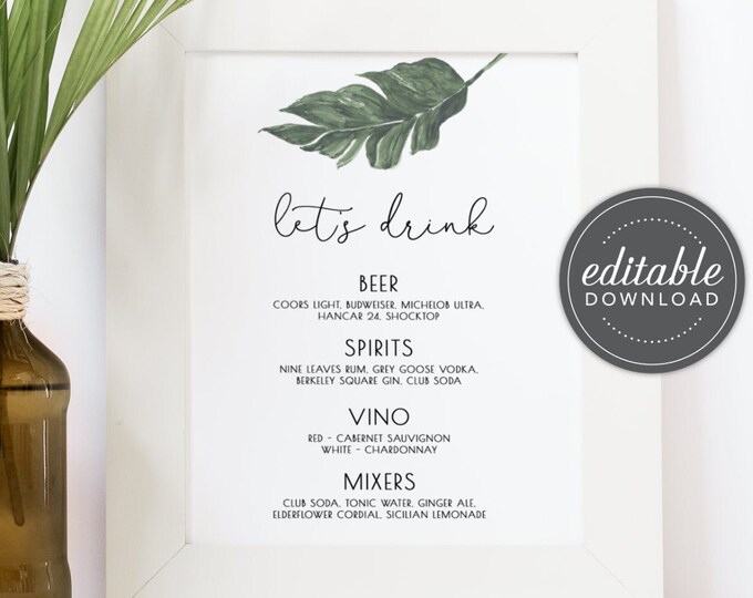 Tropical Let's Drink Sign, Cocktails Sign Template, Printable Drink ...