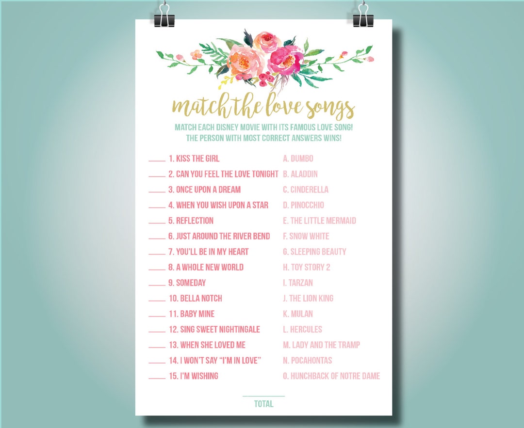 Match the Love Songs Game, Colorful Floral Wedding Game, Wedding Shower ...
