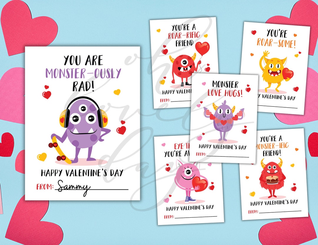 Instant Download - Monster Valentine's Day Cards - Printable Instant ...