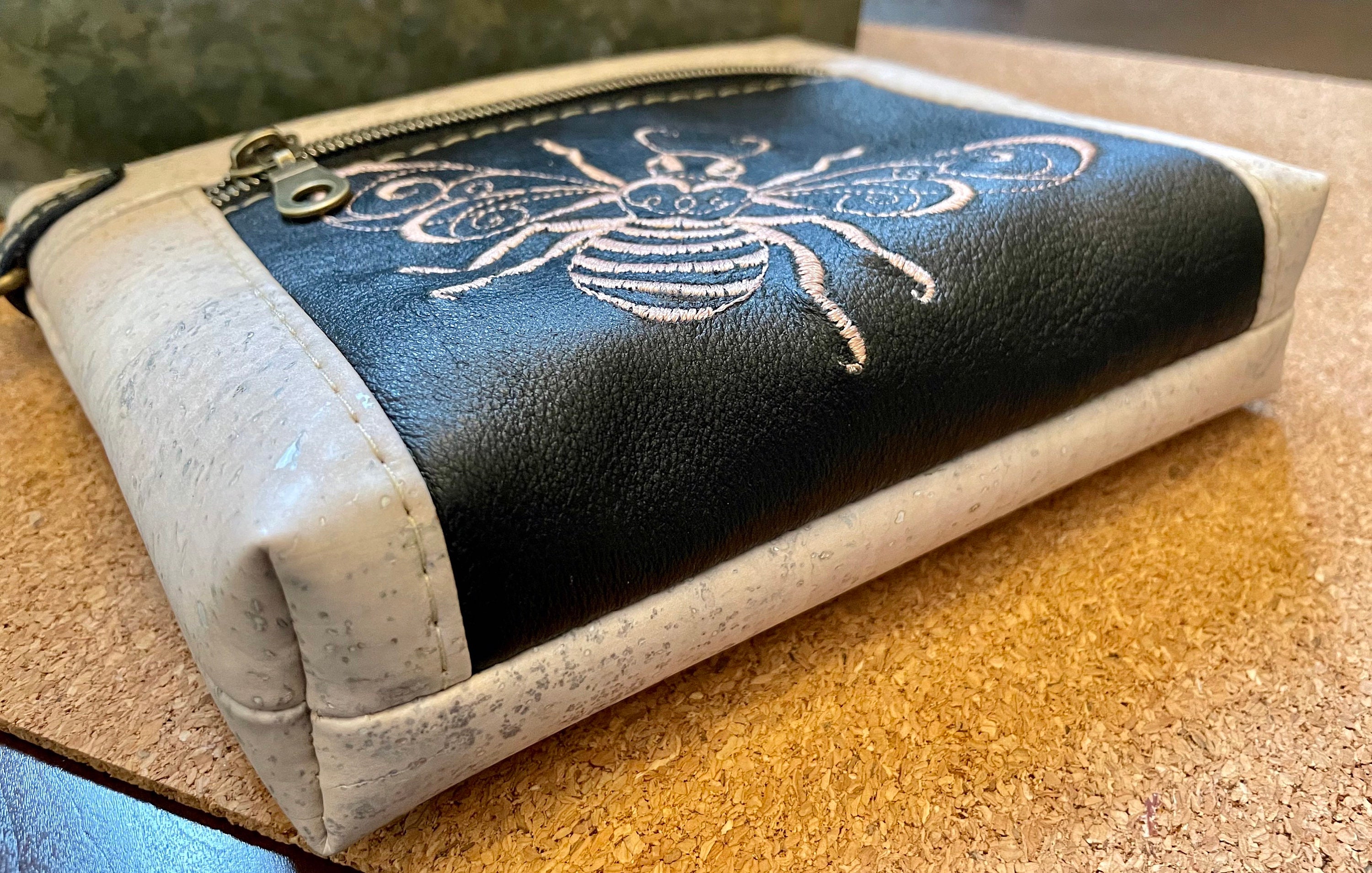 Leather and Cork Embroidered BEE Wristlet / Clutch, Dual Zippers, Free ...