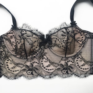 Lace Longline Bra in Black French Chantilly Lace, Satin Silk and Nude ...