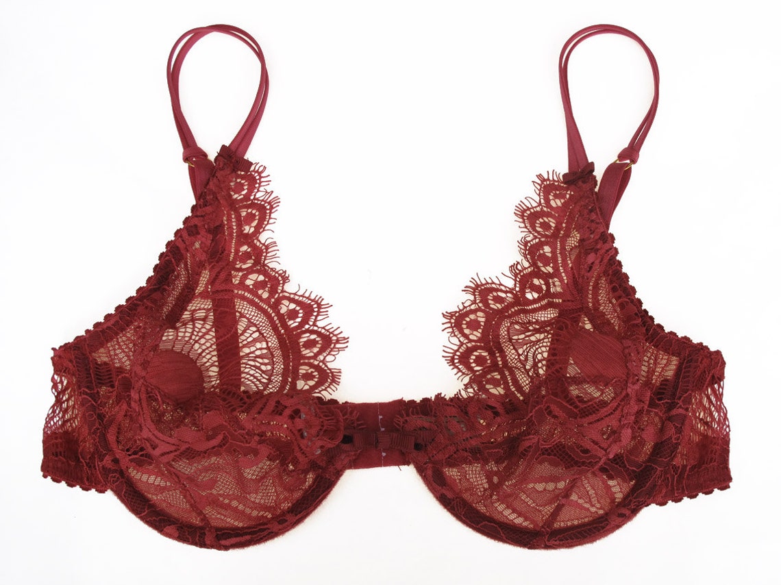 Red Lace Bra Soft Cup Bra See-through Bra Dark Red Lace Bra in Lace ...