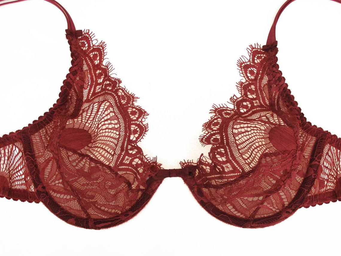 Red Lace Bra Soft Cup Bra See-through Bra Dark Red Lace Bra in Lace ...
