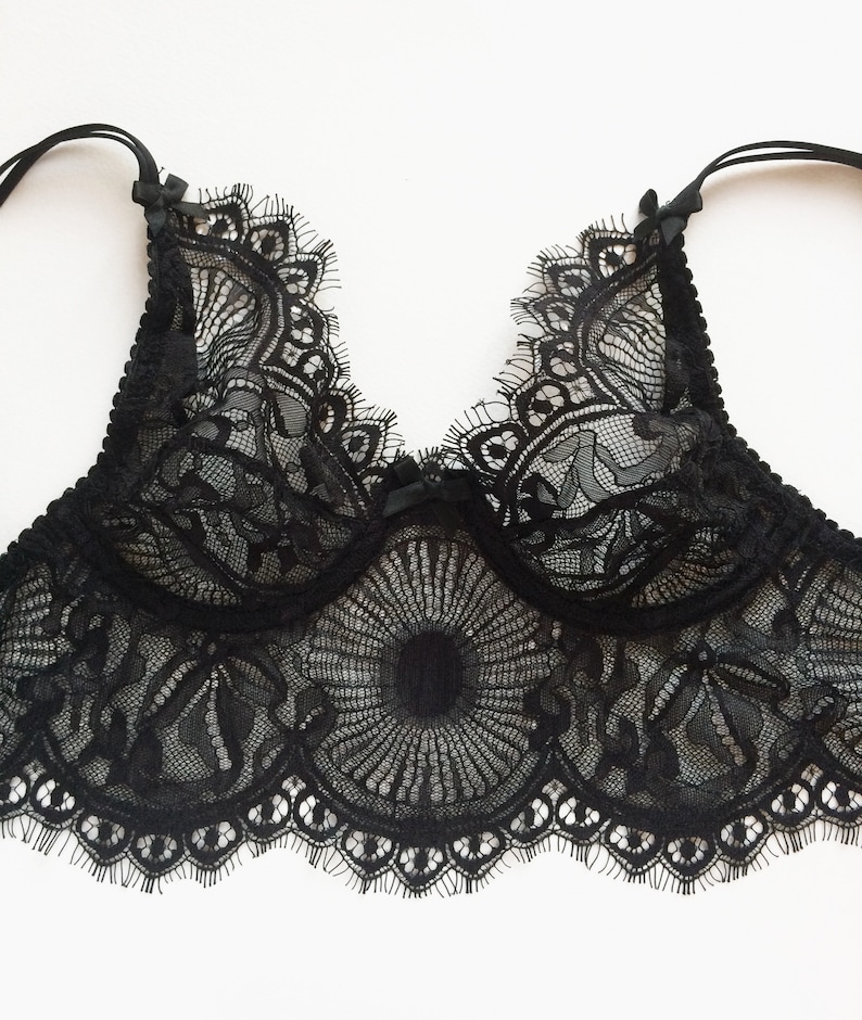 Black Lace Bra in Black French Chantilly Lace Lining in - Etsy