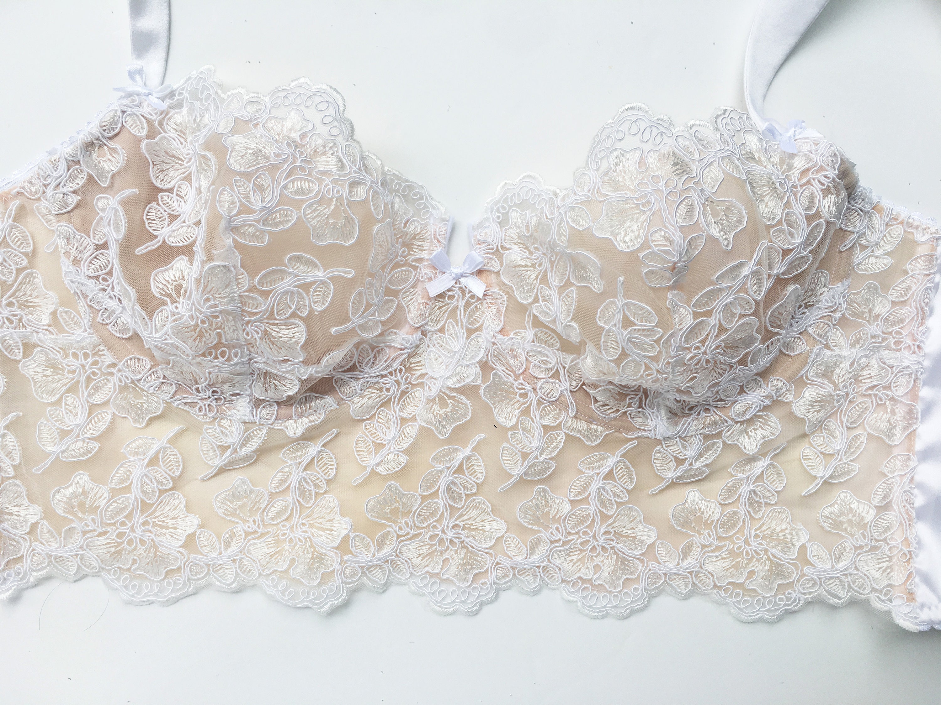 Bridal Lace Bra in White French Calais Lace and Nude Lining - Longline ...