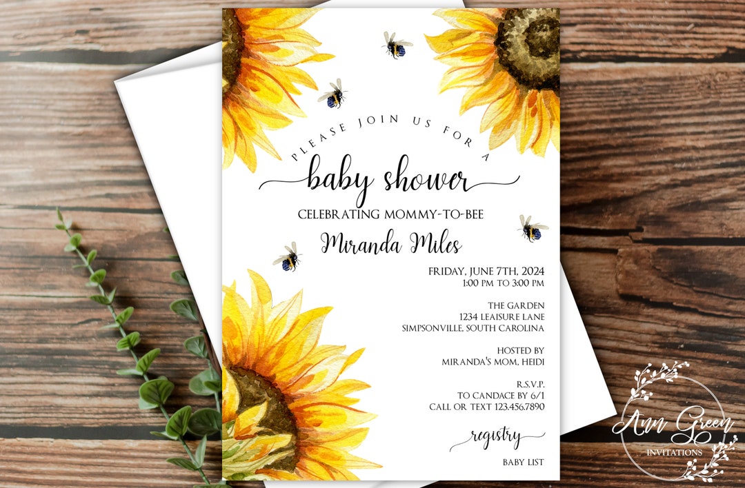 Sunflower & Bumble Bee Baby Shower Invitations With Envelopes, Mommy to ...