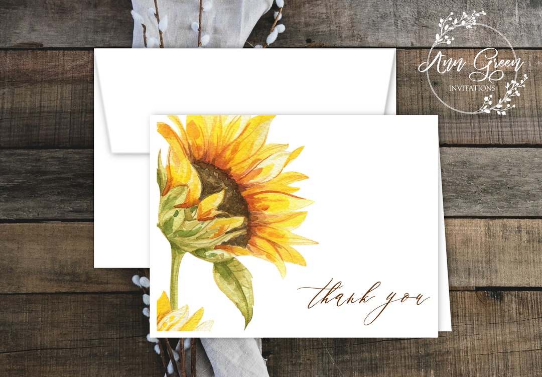 Sunflower Thank You Note Cards With Envelopes. Sunflower Note Cards. Watercolor Sunflower Print ...