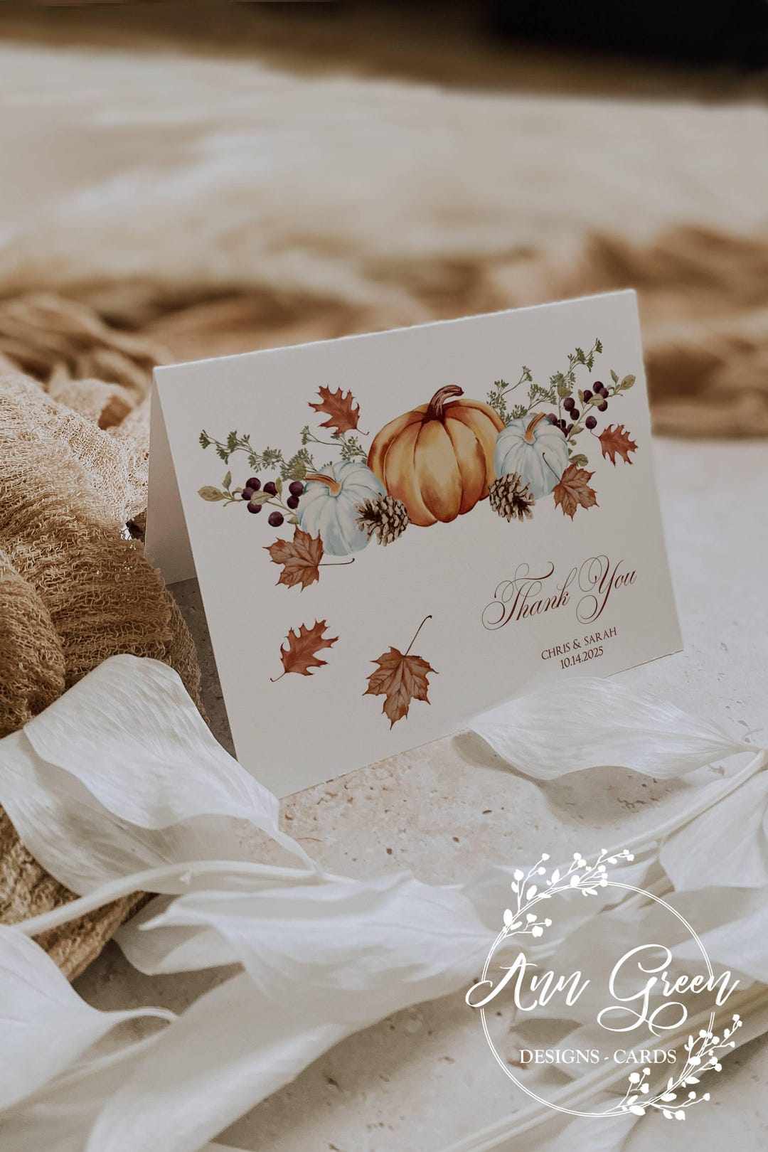 Fall Wedding Thank You Cards: Pumpkins, Leaves, Personalized Set of 12 ...
