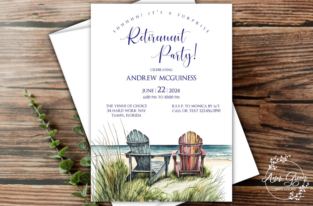 Surprise Retirement Party Invitations With Envelopes, Beach Chairs ...