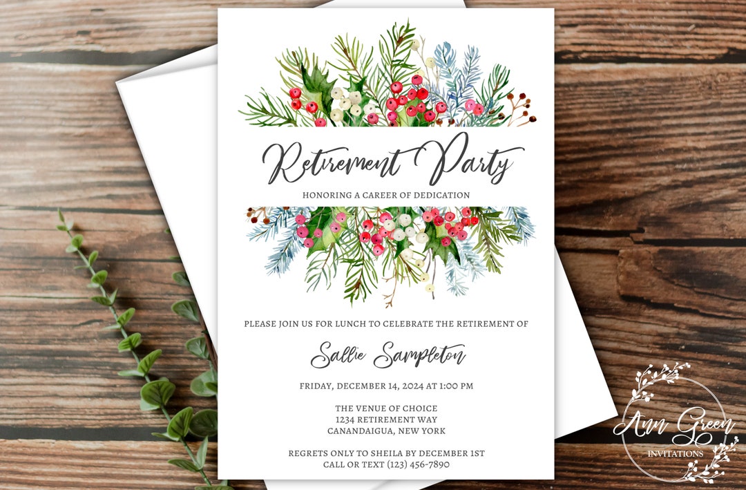 Winter Retirement Party Invitations W/envelopes. Holly and Pine Design ...