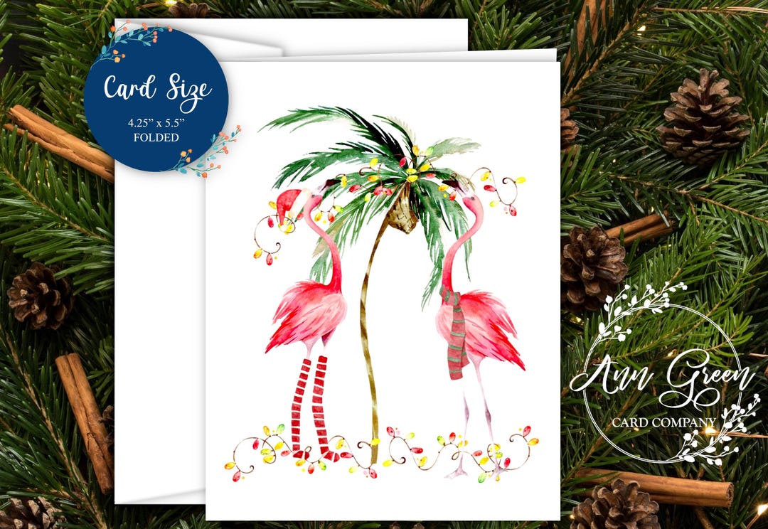 Tropical Flamingos Decorating Palm Tree With Christmas Lights Christmas ...