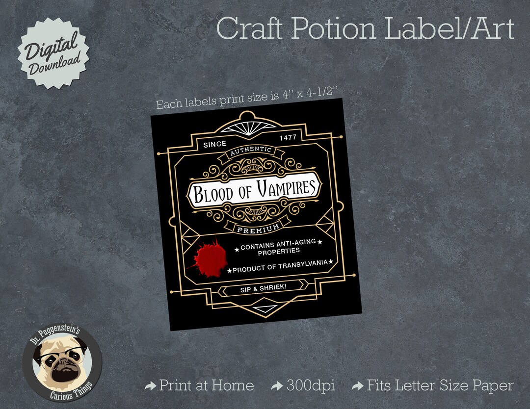 Art Deco Style Blood of Vampire Potion Halloween Potion or Wine Bottle ...