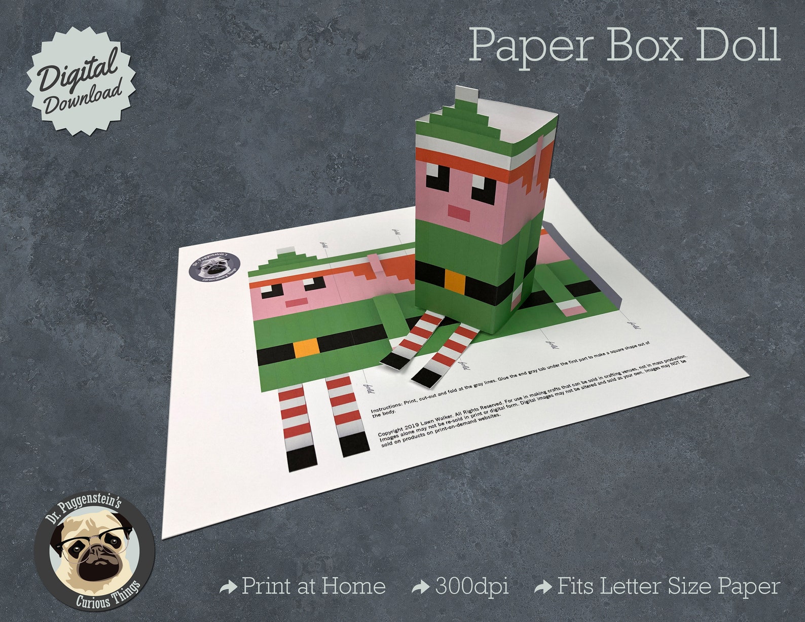 Voxel Cube Art Christmas Green Elf Paper Box Doll - Etsy
